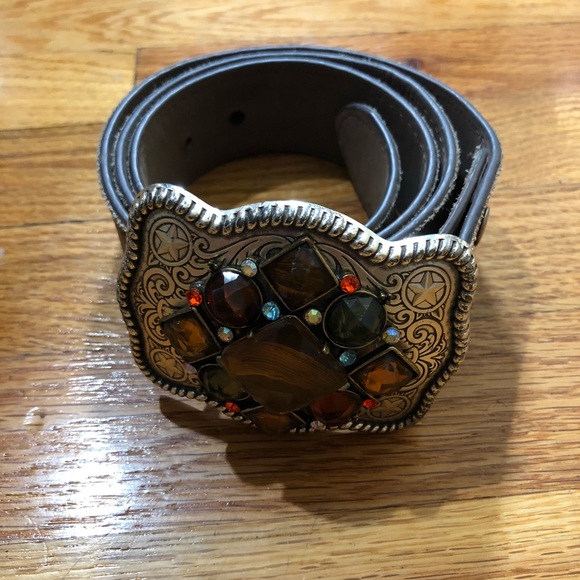 Vintage | Accessories | Genuine Leather Brown Large Gemstone Buckle ...